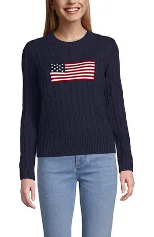 LANDS' END American Flag Cable Knit Drifter Sweater