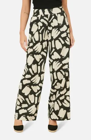 YUMI High Waisted Printed Wide Leg Trousers - Black