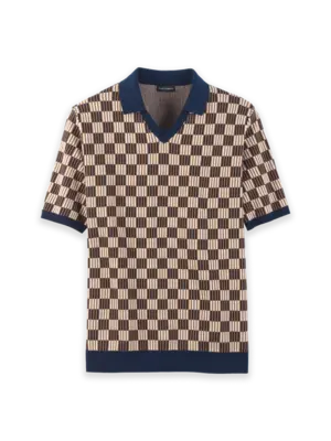 PAUL FREDRICK Cotton V-neck Polo - Navy/brown