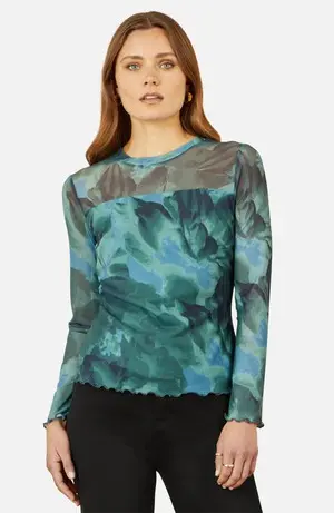 YUMI Long Sleeve Floral Mesh Top