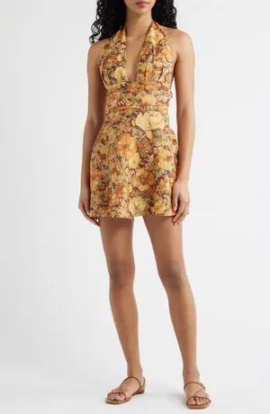 Faithfull The Brand Floral Linen Halter Mini Dress - Camellia