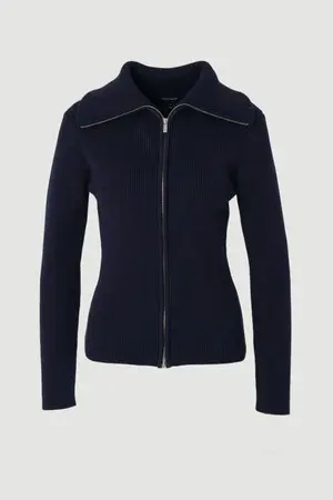 Karen Millen Cotton Zip Through Knit Cardigan - Navy