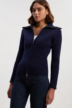 Karen Millen Cotton Zip Through Knit Cardigan - Navy