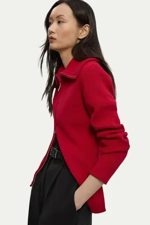 Karen Millen Cotton Zip Through Collared Knit Cardigan - Red