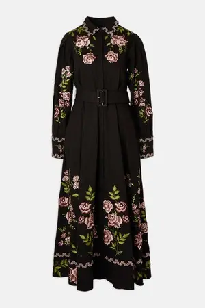Karen Millen Rose Embroidered Cotton Twill Shirt Dress