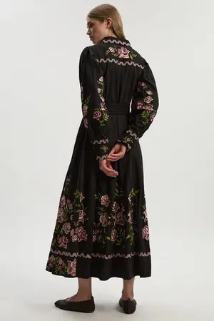 Karen Millen Rose Embroidered Cotton Twill Shirt Dress