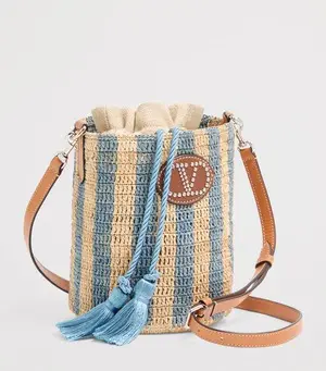 Valentino Garavani Straw Vlogo Signature Bucket Bag - Blue