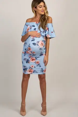 PINKBLUSH Rose Print Ruffle Fitted Maternity Dress