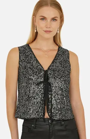 YUMI Sequin Tie Front Waistcoat Top