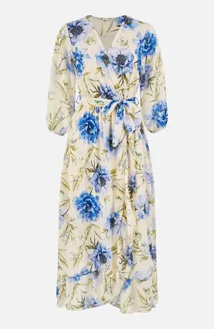 YUMI 3/4 Sleeve V-neck Wrap Midi Dress