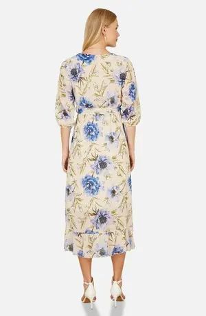YUMI 3/4 Sleeve V-neck Wrap Midi Dress