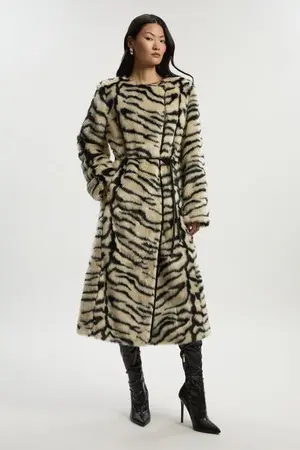 Karen Millen Faux Fur Animal Print Belted Midi Coat - Mono