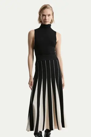 Karen Millen Pointelle Colour Block Pleated Skirt
