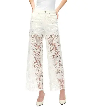 BAYEAS Wide Leg Lace Jeans With Rhinestone Embellishments - White
