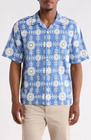 WAX LONDON Didcot Corded Lace Camp Shirt - Blue/ecru