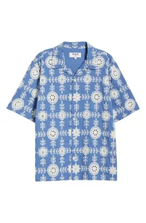 WAX LONDON Didcot Corded Lace Camp Shirt - Blue/ecru