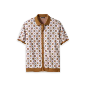 PAUL FREDRICK Cotton Button Front Polo - Tan Multi