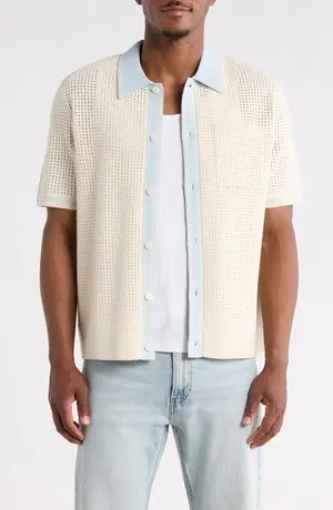 WAX LONDON Belle Tipped Pointelle Stitch Short Sleeve Button-up Shirt - Ecru/pale Blue