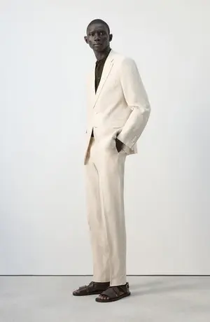 Mango Amalfi Slim Fit Flat Front Linen Suit Pants - Ecru