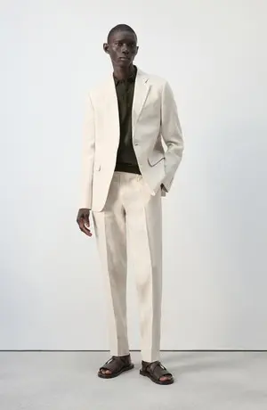 Mango Amalfi Slim Fit Flat Front Linen Suit Pants - Ecru