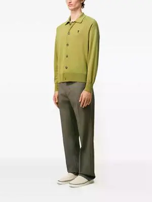 AMI Paris Merino Wool Cardigan With De Coeur Embroidery - Green