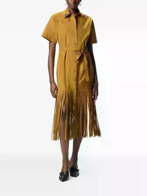 Pinko Belted Midi Shirt Dress With Fringe Trim - Yellow
