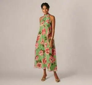 Adrianna Papell Draped Floral Chiffon Halter Gown