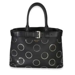 Prada Studded Buckle Leather Tote - Black