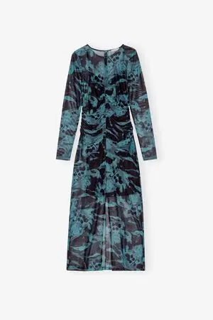 GANNI Printed Mesh Ruched Long Dress - Blue