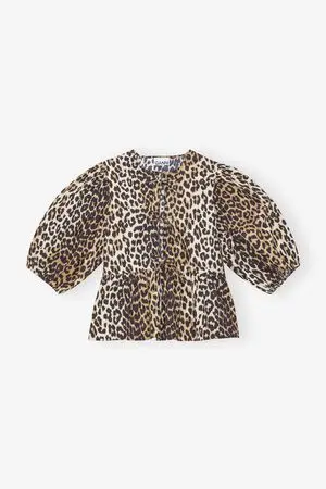 GANNI Leopard Print Cotton Poplin Blouse Mixed