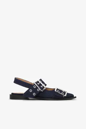 GANNI Denim Buckled Ballerinas - Blue
