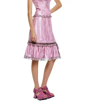 Anna Sui Crushed Satin Ruffle Midi Skirt