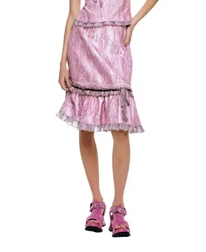 Anna Sui Crushed Satin Ruffle Midi Skirt