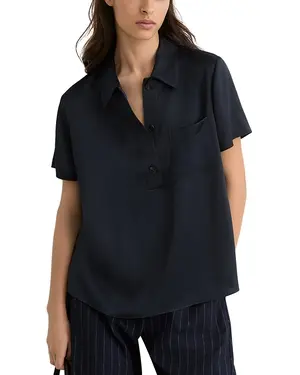 REISS Silk Short Sleeve Shirt - Navy