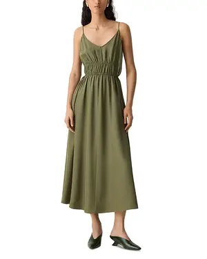 Theory Gathered V Tie Dress Forest Moss