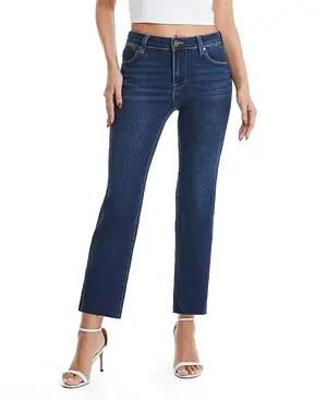BAYEAS Mid Rise Straight Raw Hem Denim Jeans - Dark Blue