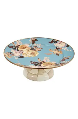 MACKENZIE-CHILDS Wild Rose Slate Small Pedestal Platter - Blue