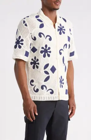 WAX LONDON Porto Doodle Open Knit Short Sleeve Button-up Shirt