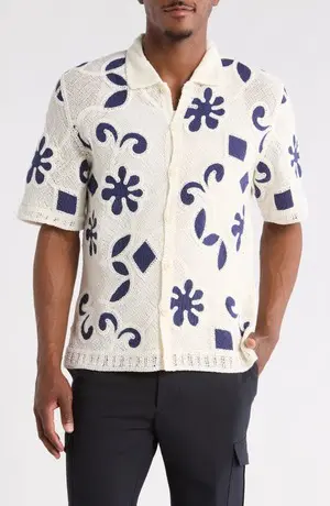 WAX LONDON Porto Doodle Open Knit Short Sleeve Button-up Shirt