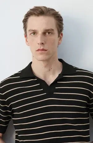 Mango Stripe Knit Polo - Black
