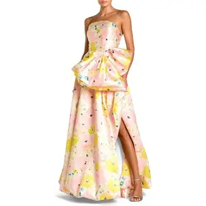Mac Duggal Mikado Strapless Bubble Hem Ballgown With Bow - Pink Multi
