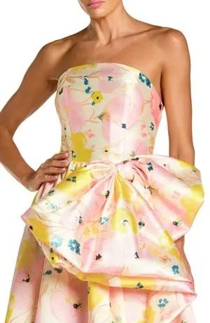 Mac Duggal Mikado Strapless Bubble Hem Ballgown With Bow - Pink Multi