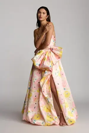 Mac Duggal Mikado Strapless Bubble Hem Ballgown With Bow - Pink Multi