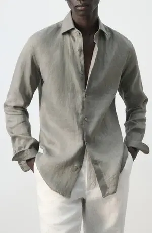 Mango Slim Fit Linen Button-up Shirt - Medium Brown