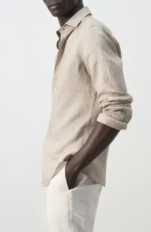Mango Slim Fit Linen Button-up Shirt - Sand