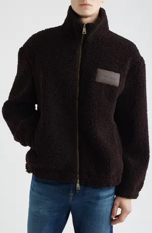 REISS Graphic High Pile Fleece Jacket - Chocolate Brown