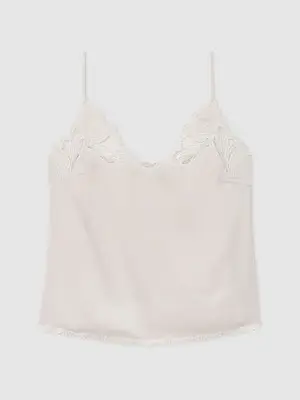 REISS Joanie Satin Camisole With Lace Detail - Neutral
