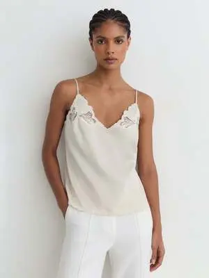 REISS Joanie Satin Camisole With Lace Detail - Neutral