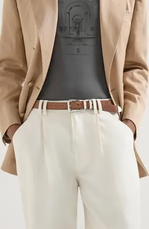 Brunello Cucinelli Skinny Chevron Textured Leather Belt