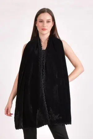 RAAS Hand Embroidered Velvet Beaded Scarf - Black